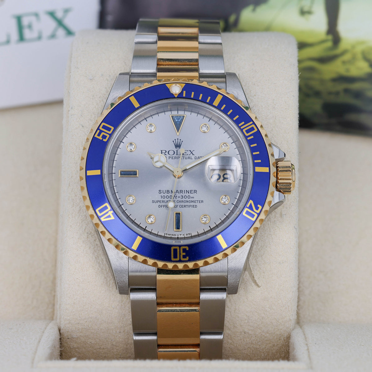 Rolex Submariner Date 16613 T Serti Silver Blue 2006 Yellow Gold Steel ...